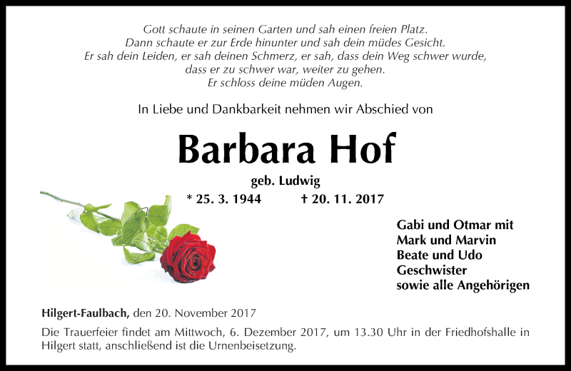 Traueranzeigen von Barbara Hof | rz-trauer.de