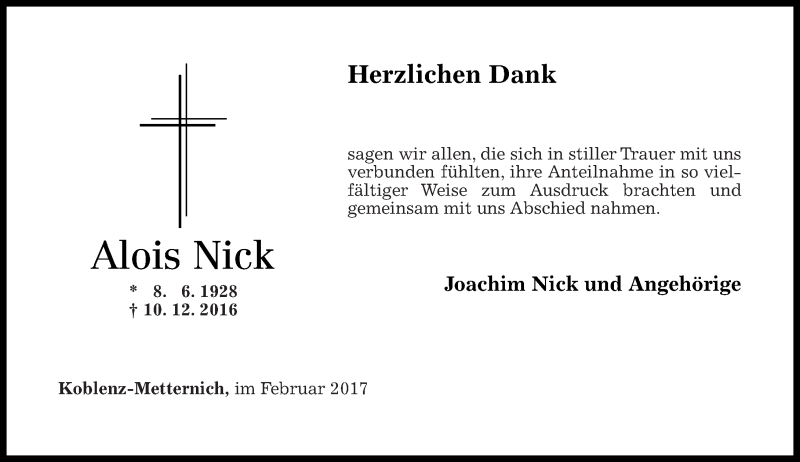Traueranzeigen von Alois Nick | rz-trauer.de