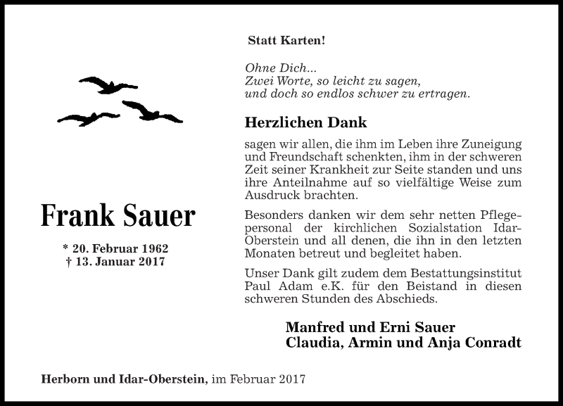 Traueranzeigen von Frank Sauer | rz-trauer.de