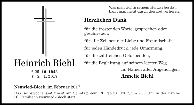 Traueranzeigen von Heinrich Riehl | rz-trauer.de