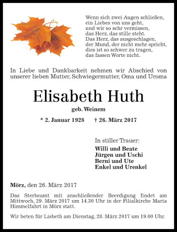 Traueranzeigen von Elisabeth Huth | rz-trauer.de
