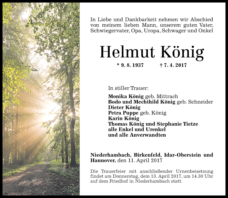 Traueranzeigen von Helmut König | rz-trauer.de