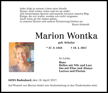Traueranzeigen von Marion Wontka | rz-trauer.de