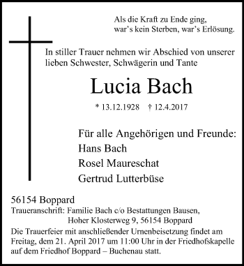 Traueranzeigen von Lucia Bach | rz-trauer.de