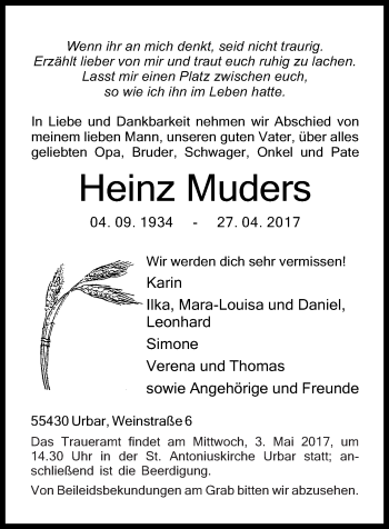 Traueranzeigen von Heinz Muders | rz-trauer.de