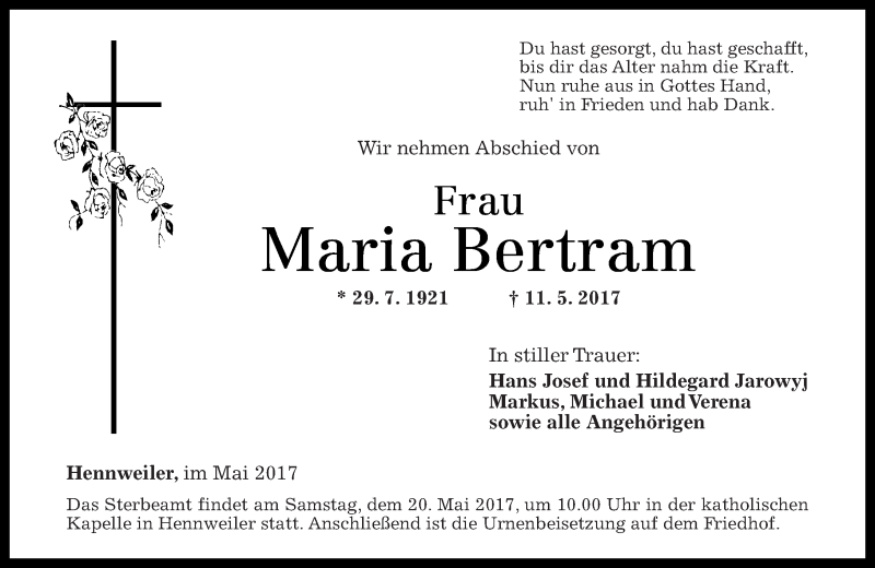 Traueranzeigen von Maria Bertram | rz-trauer.de
