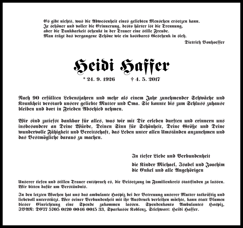 Traueranzeigen von Heidi Haffer | rz-trauer.de