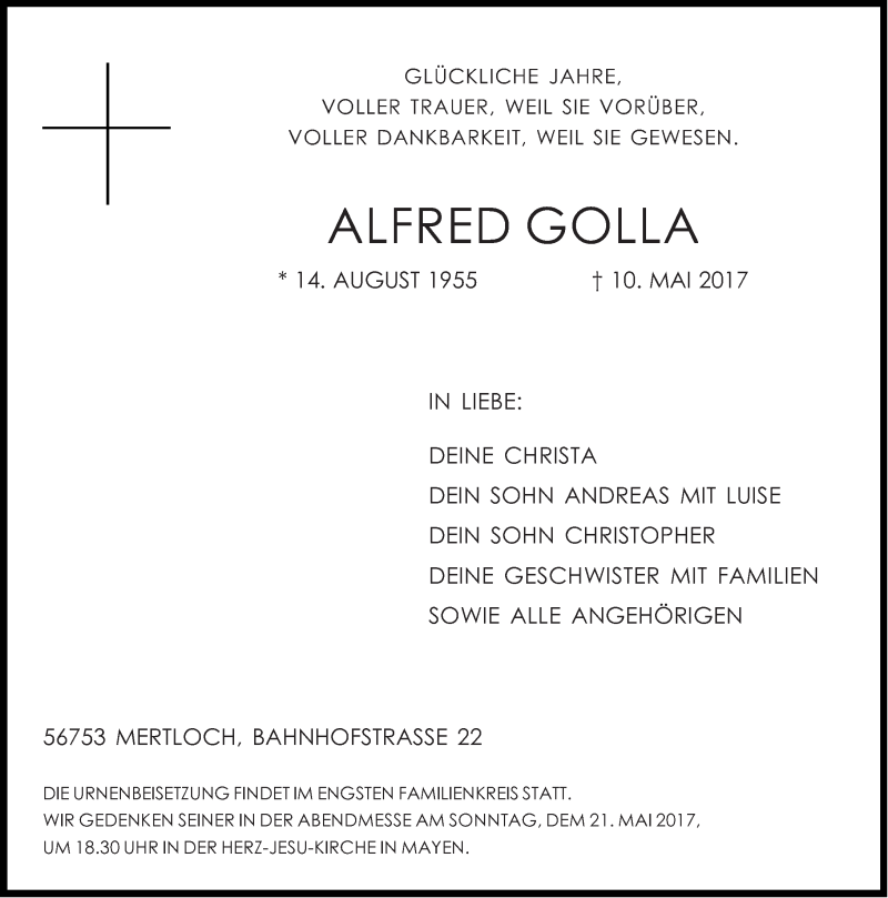 Traueranzeigen von Alfred Golla | rz-trauer.de