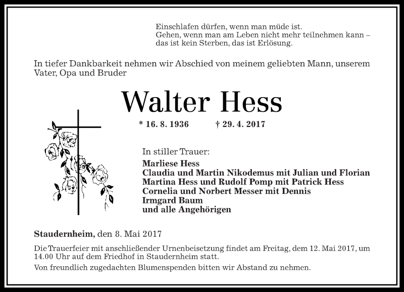 Traueranzeigen von Walter Hess | rz-trauer.de