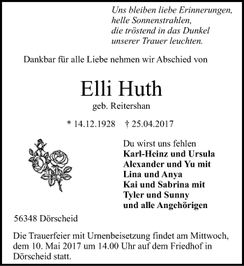 Traueranzeigen von Elli Huth | rz-trauer.de