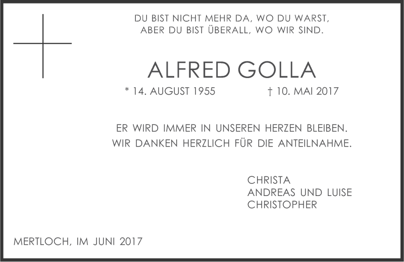 Traueranzeigen von Alfred Golla | rz-trauer.de