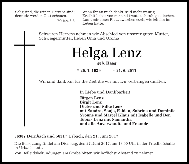 Traueranzeigen von Helga Lenz | rz-trauer.de