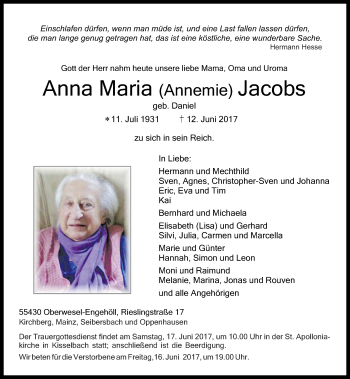 Traueranzeigen von Anna Maria Jacobs | rz-trauer.de