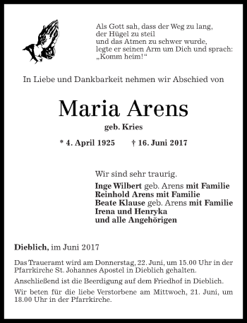 Traueranzeigen von Maria Arens | rz-trauer.de