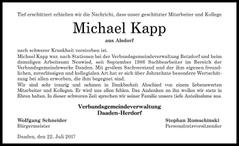 Traueranzeigen von Michael Kapp | rz-trauer.de