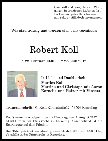 Traueranzeigen von Robert Koll | rz-trauer.de