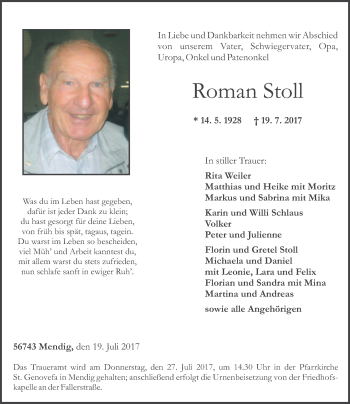 Traueranzeigen von Roman Stoll | rz-trauer.de