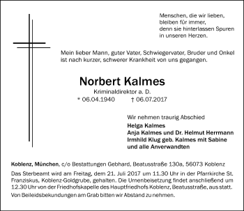 Traueranzeigen von Norbert Kalmes | rz-trauer.de