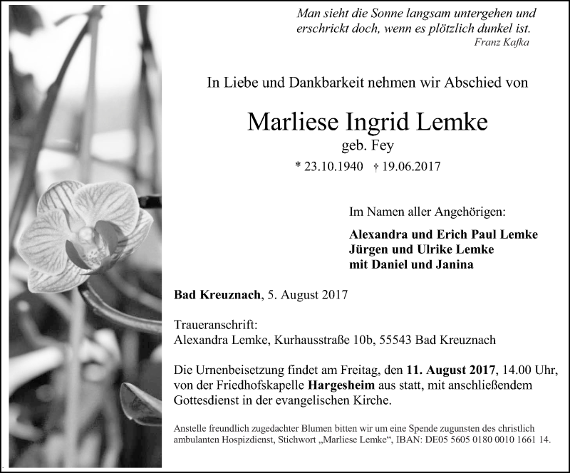 Traueranzeigen von Marliese Ingrid Lemke | rz-trauer.de