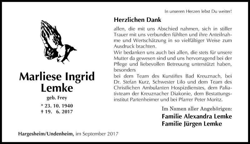 Traueranzeigen von Marliese Ingrid Lemke | rz-trauer.de