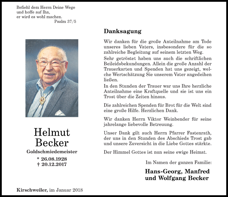 Traueranzeigen von Helmut Becker | rz-trauer.de