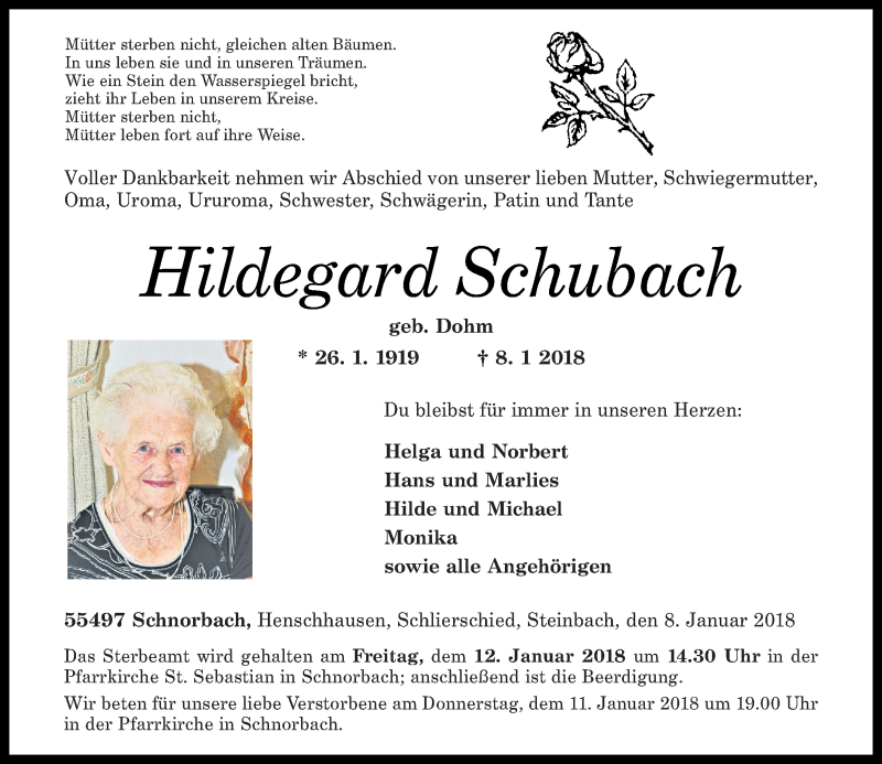 Traueranzeigen von Hildegard Schubach | rz-trauer.de