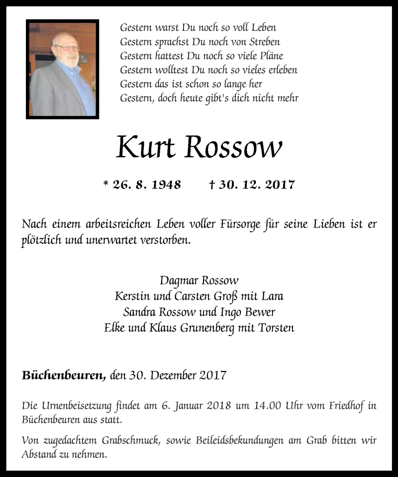 Traueranzeigen von Kurt Rossow | rz-trauer.de