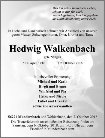 Traueranzeigen von Hedwig Walkenbach | rz-trauer.de
