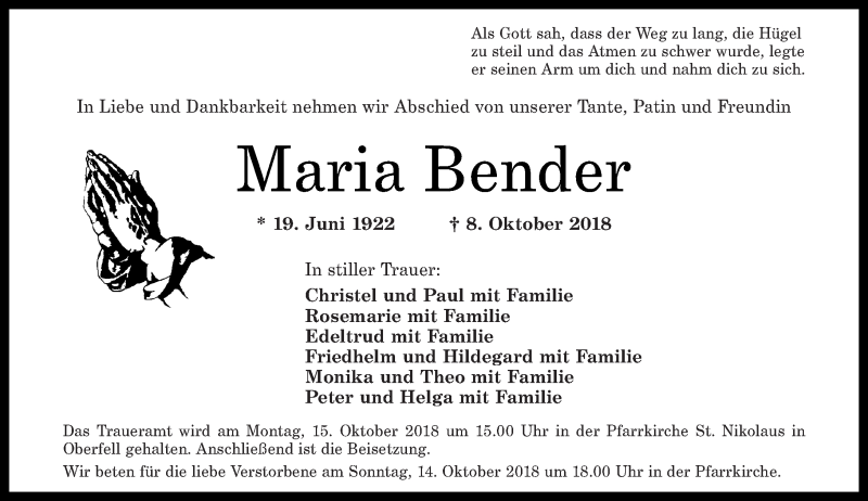 Traueranzeigen von Maria Bender | rz-trauer.de