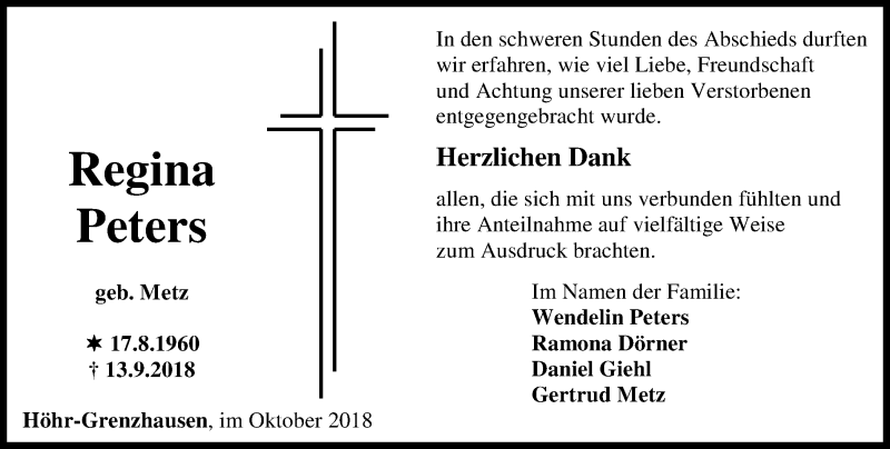 Traueranzeigen von Regina Peters | rz-trauer.de