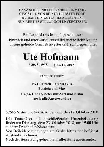 Traueranzeigen von Ute Hofmann | rz-Trauer.de