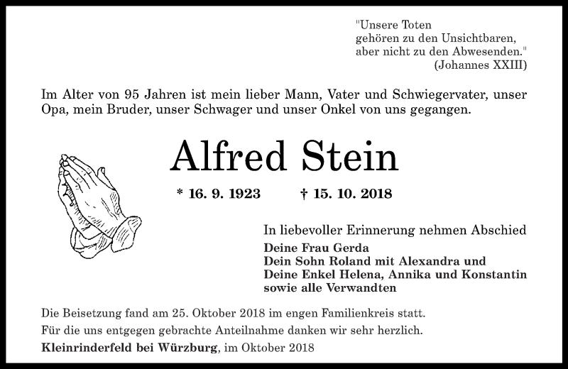 Traueranzeigen von Alfred Stein | rz-trauer.de