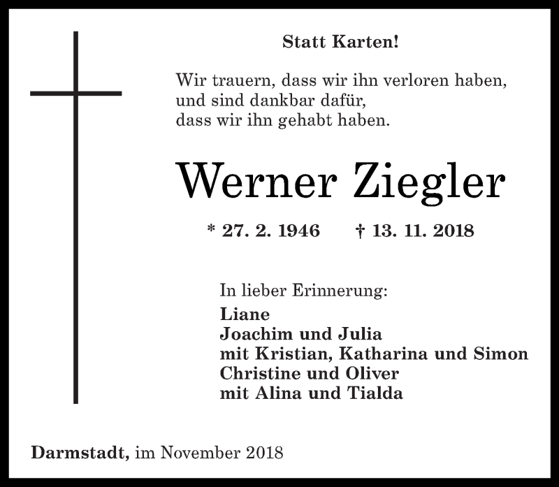 Traueranzeigen von Werner Ziegler | rz-trauer.de