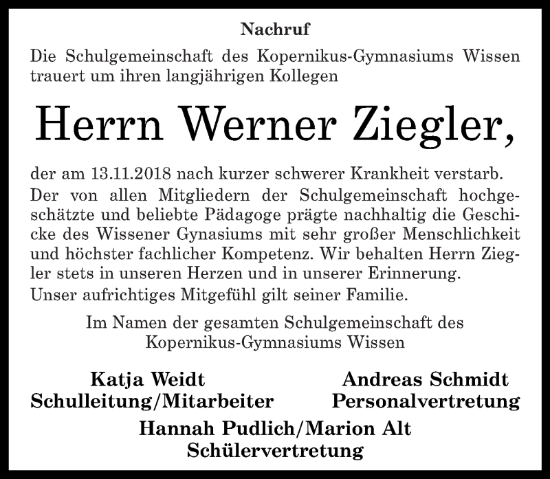 Traueranzeigen von Werner Ziegler | rz-trauer.de