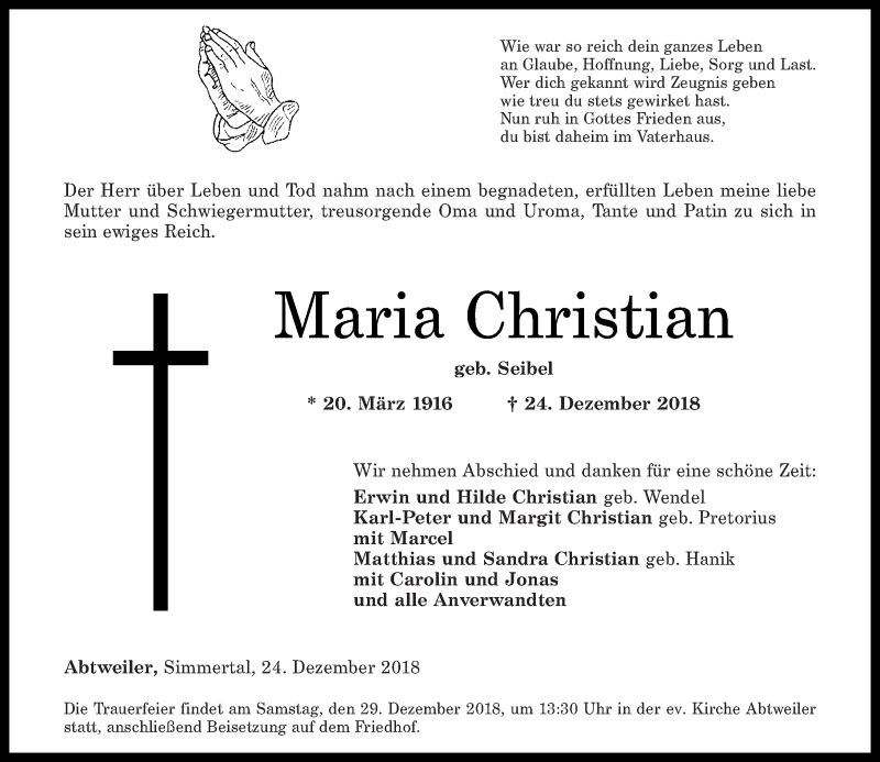 Traueranzeigen von Maria Christian | rz-trauer.de