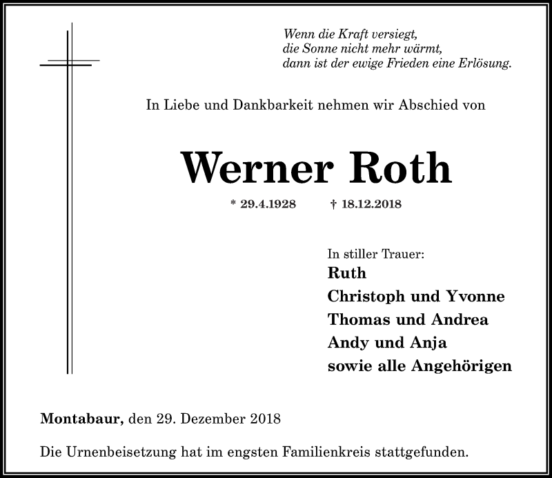 Traueranzeigen von Werner Roth | rz-trauer.de