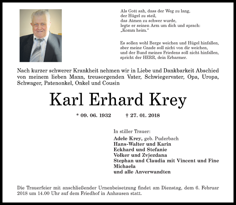 Traueranzeigen von Karl Erhard Krey | rz-trauer.de