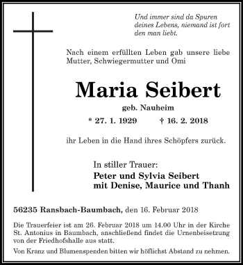 Traueranzeigen von Maria Seibert | rz-trauer.de