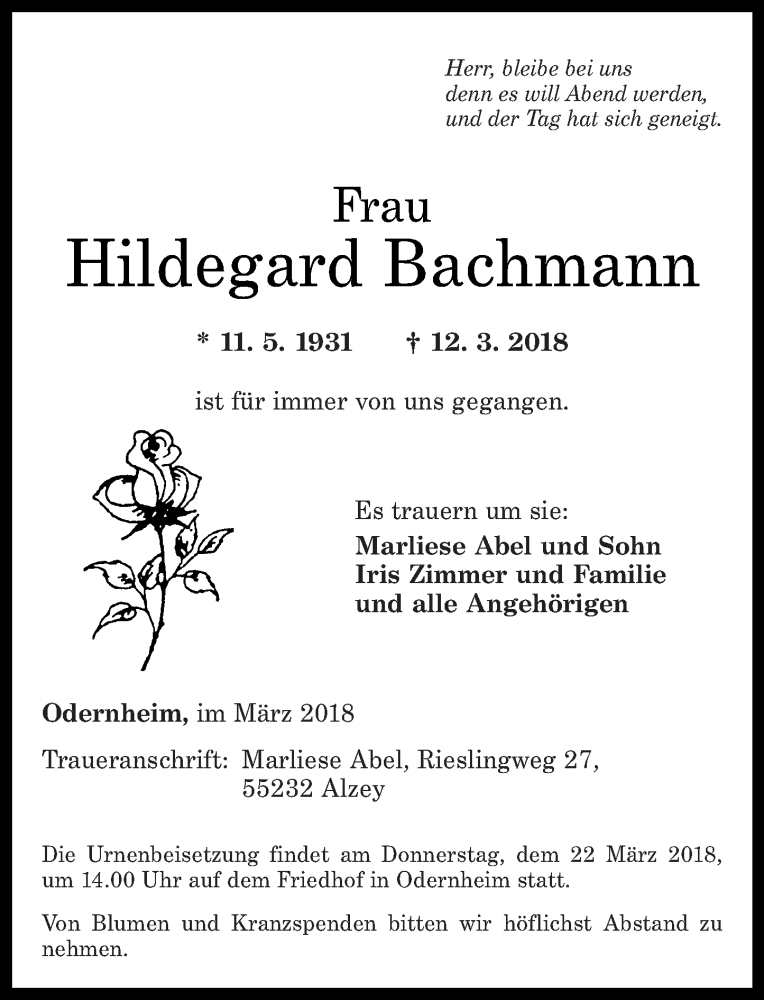 Traueranzeigen von Hildegard Bachmann | rz-trauer.de