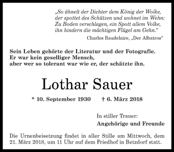 Traueranzeigen von Lothar Sauer | rz-trauer.de