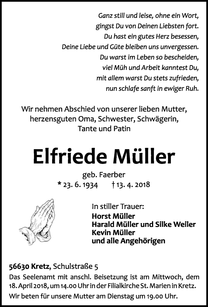Traueranzeigen von Elfriede Müller | rz-trauer.de
