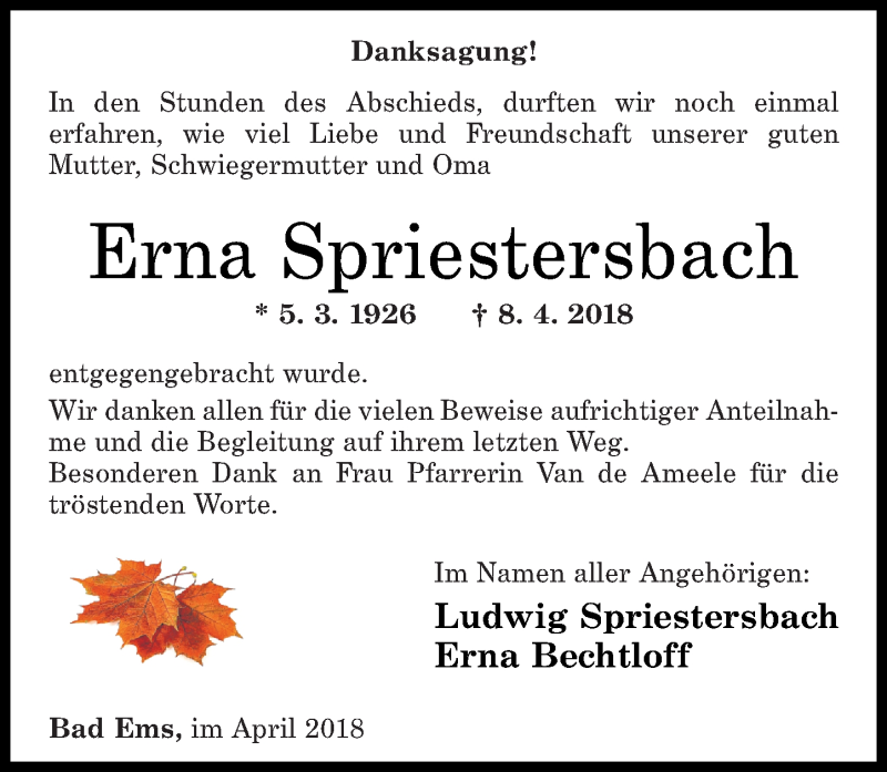 Traueranzeigen von Erna Spriestersbach | rz-trauer.de