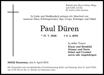 Traueranzeigen von Paul Düren | rz-trauer.de