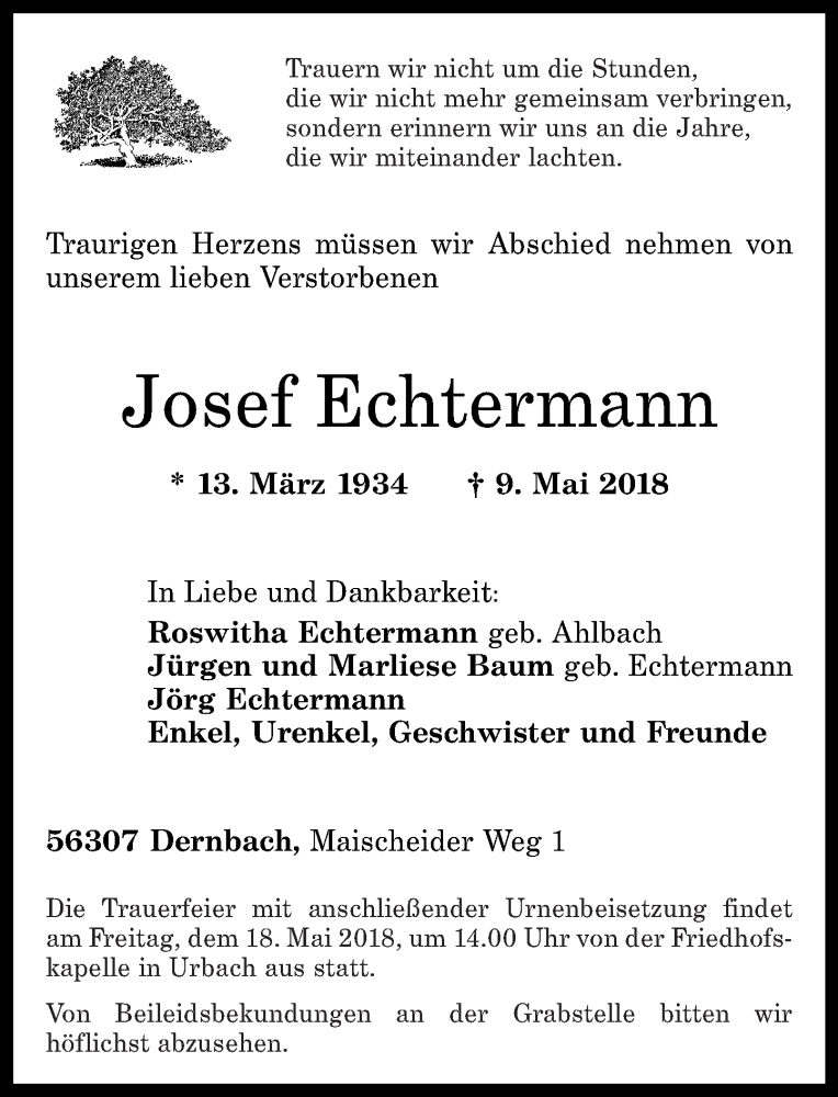 Traueranzeigen von Josef Echtermann | rz-trauer.de