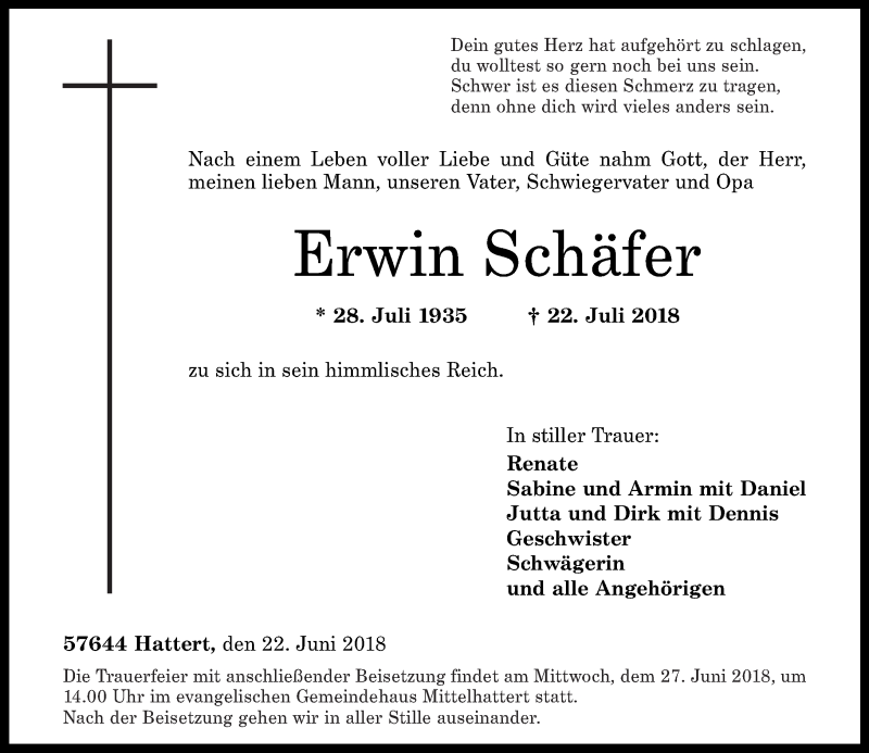 Traueranzeigen von Erwin Schäfer | rz-Trauer.de