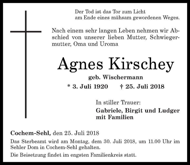 Traueranzeigen von Agnes Kirschey | rz-trauer.de