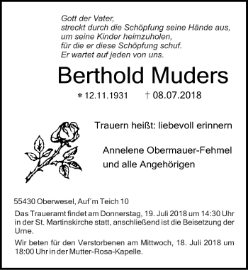 Traueranzeigen von Berthold Muders | rz-trauer.de