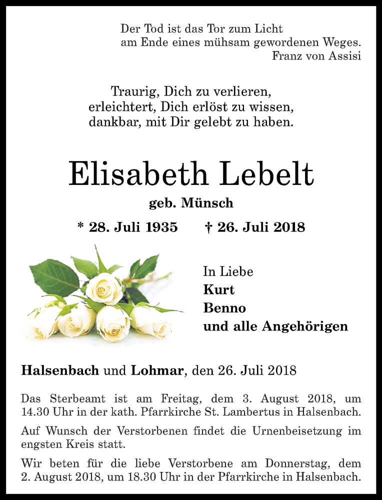 Traueranzeigen von Elisabeth Lebelt | rz-trauer.de