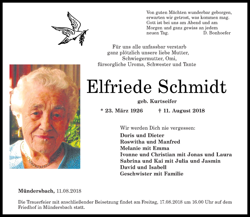 Traueranzeigen von Elfriede Schmidt | rz-trauer.de