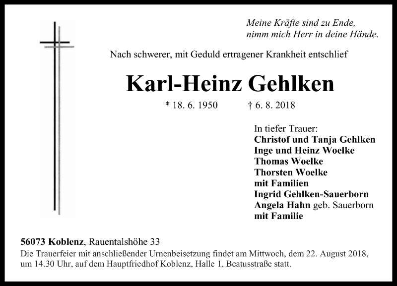 Traueranzeigen von Karl-Heinz Gehlken | rz-trauer.de
